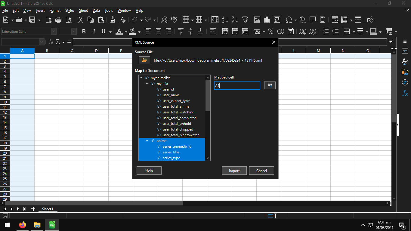 Opening an exported anime list .xml file in a spreadsheet program ...